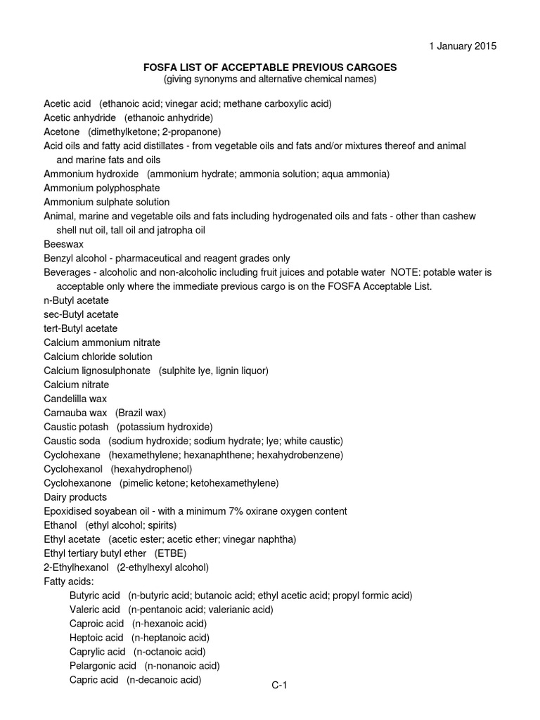 FOSFA List of Acceptable Previous Cargoes: Chemicals, Oils, and Other ...