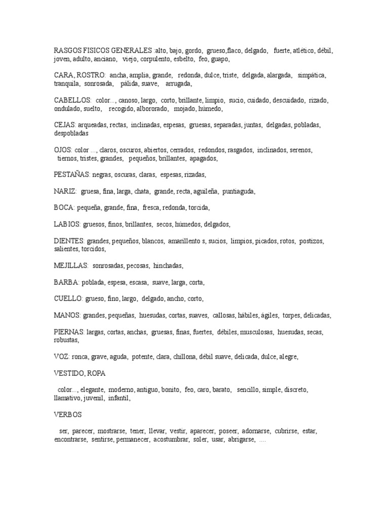 Rasgos Fisicos para Descripcion de Personajes | PDF | Cocina, comidas y ...