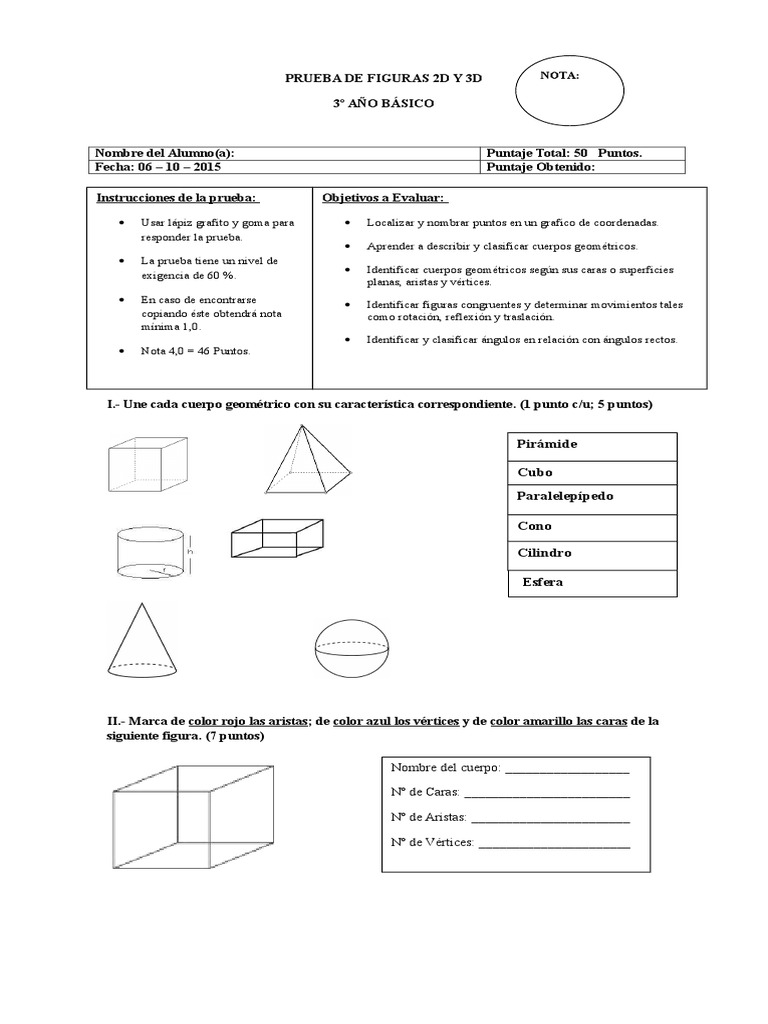 Prueba de Figuras 2d y 3d - 3º Año | PDF