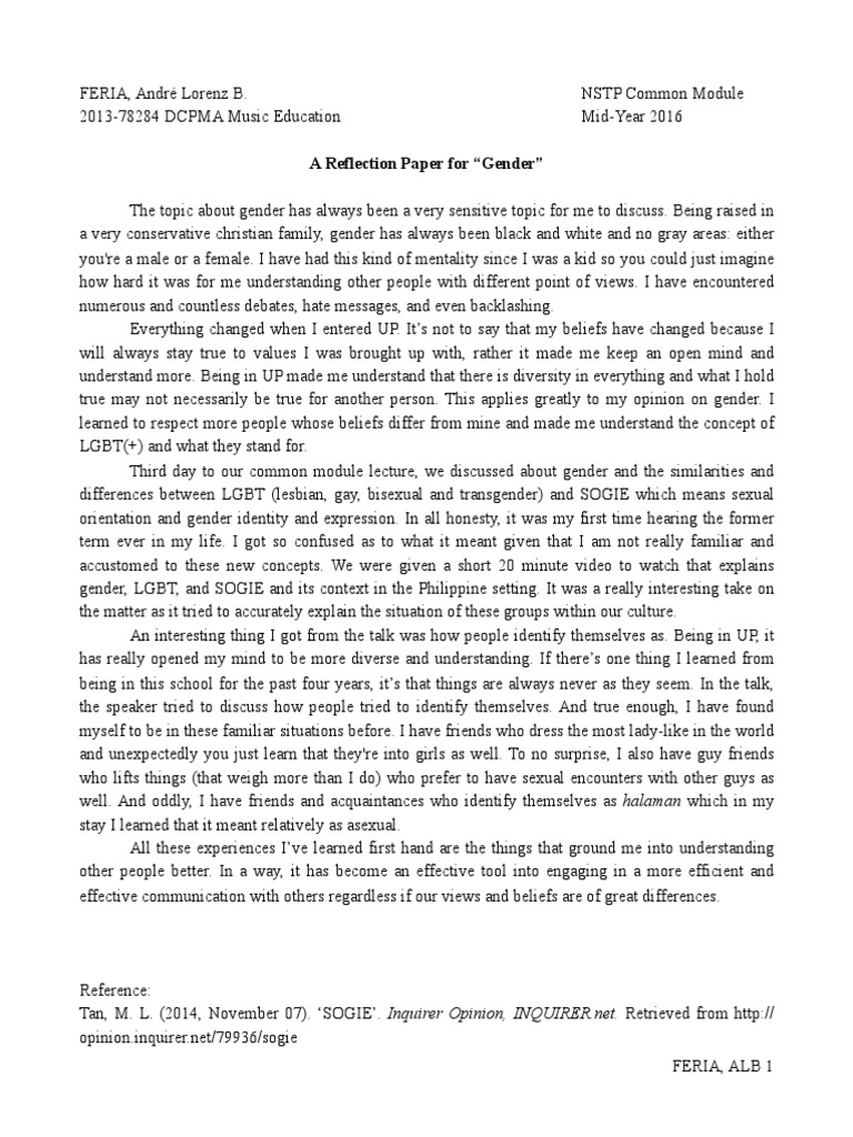 Reflection Paper 7 Gender Gender Ethnicity Race And Gender