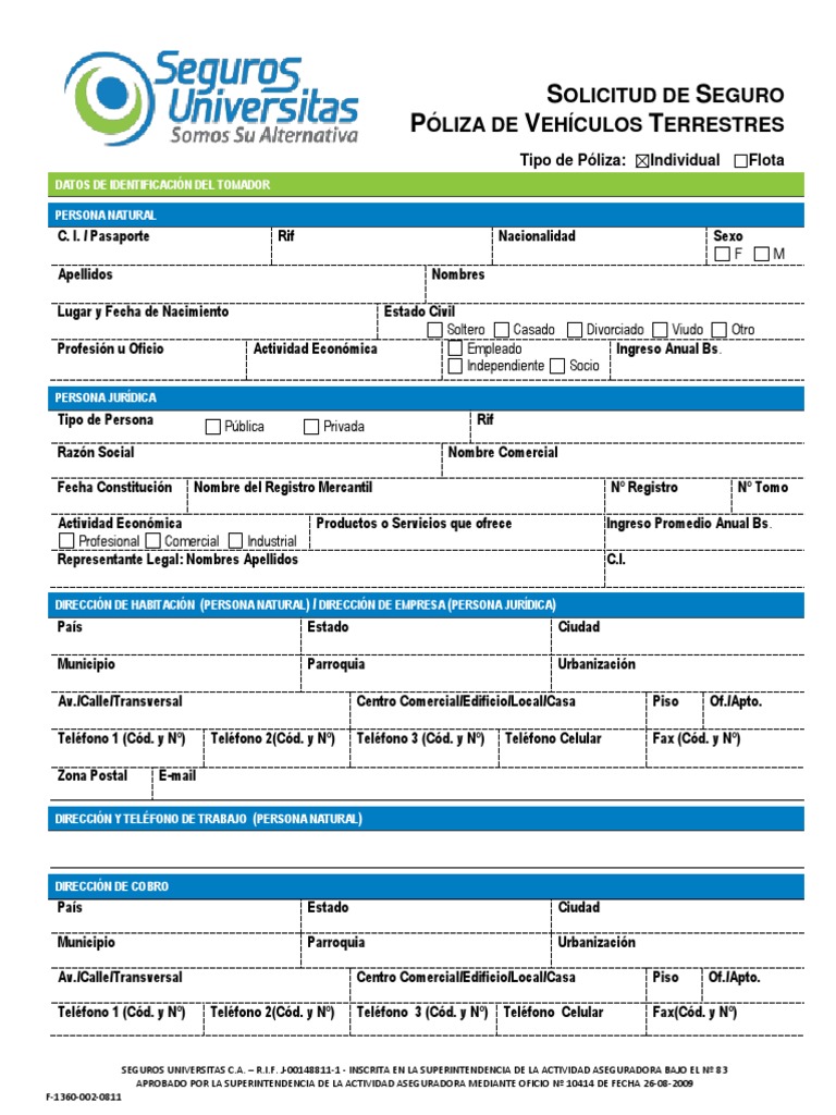 Solicitud de Seguros Póliza de Vehículos Terrestres PDF | PDF | Póliza ...