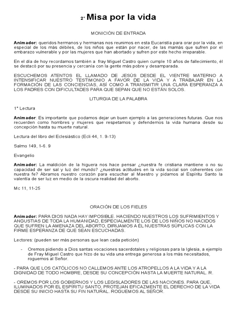 Guión 2 Misa Por La Vida 29.05 | Misa (liturgia) | Oración