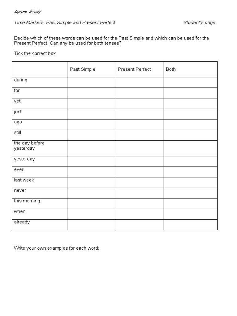 Time Markers for Past Simple & Present Perfect | PDF | Language Arts ...