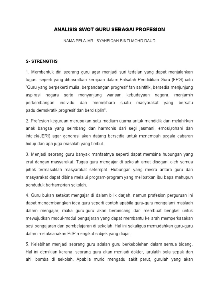 Analisis Swot Guru Sebagai Profesion | PDF | Karier & Perkembangan ...