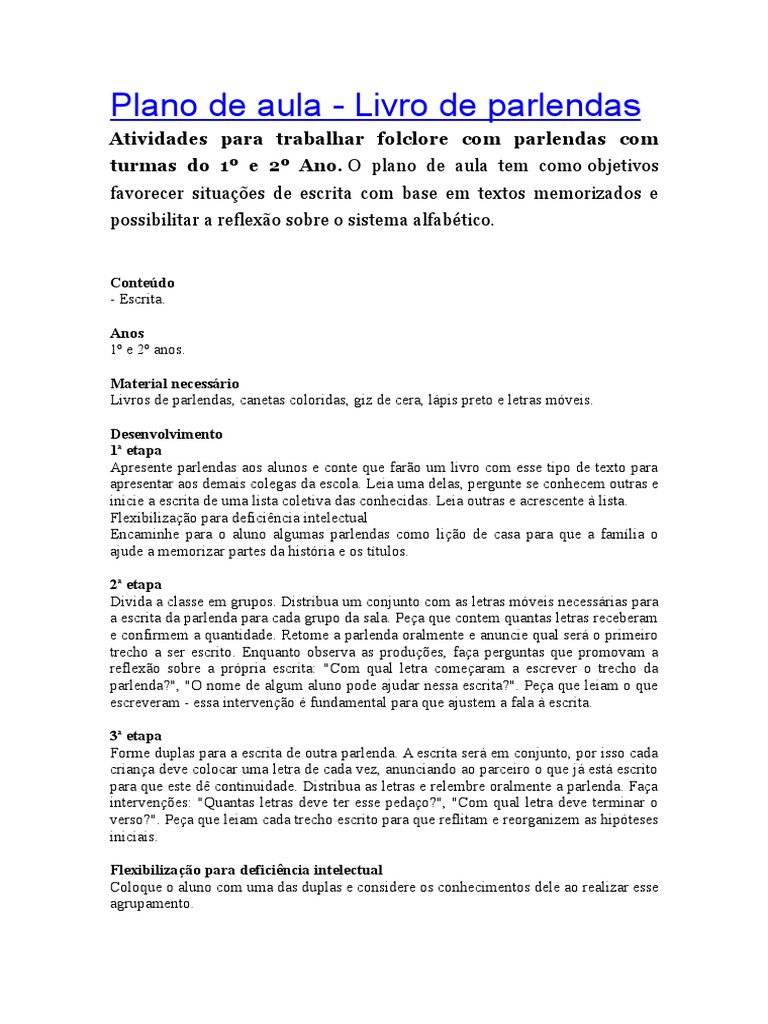 Plano de Aula - Doc Parlendas | PDF | Escrita | Livros