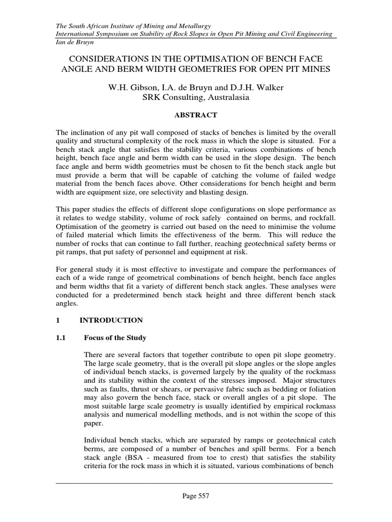 Considerations in The Optimisation of Bench Face Angle and Berm Width ...