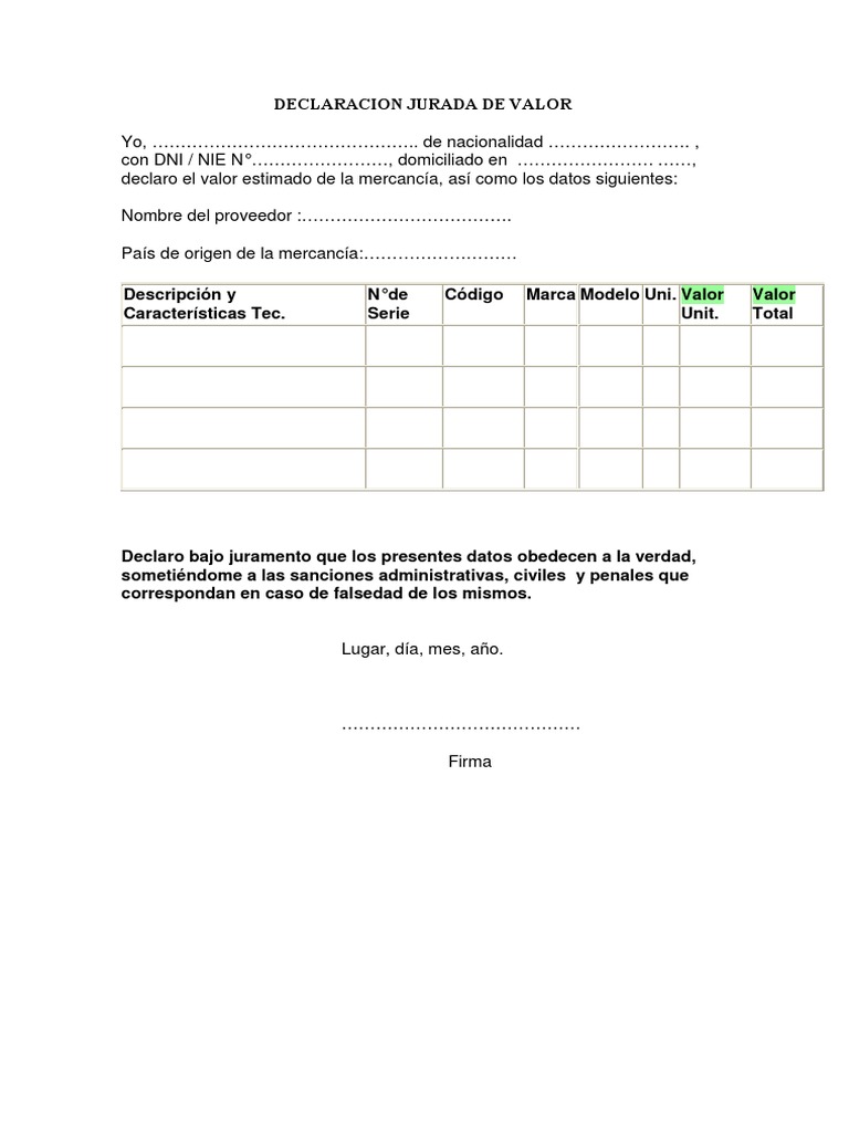 Declaracion Jurada Valor (Aduanas) | PDF