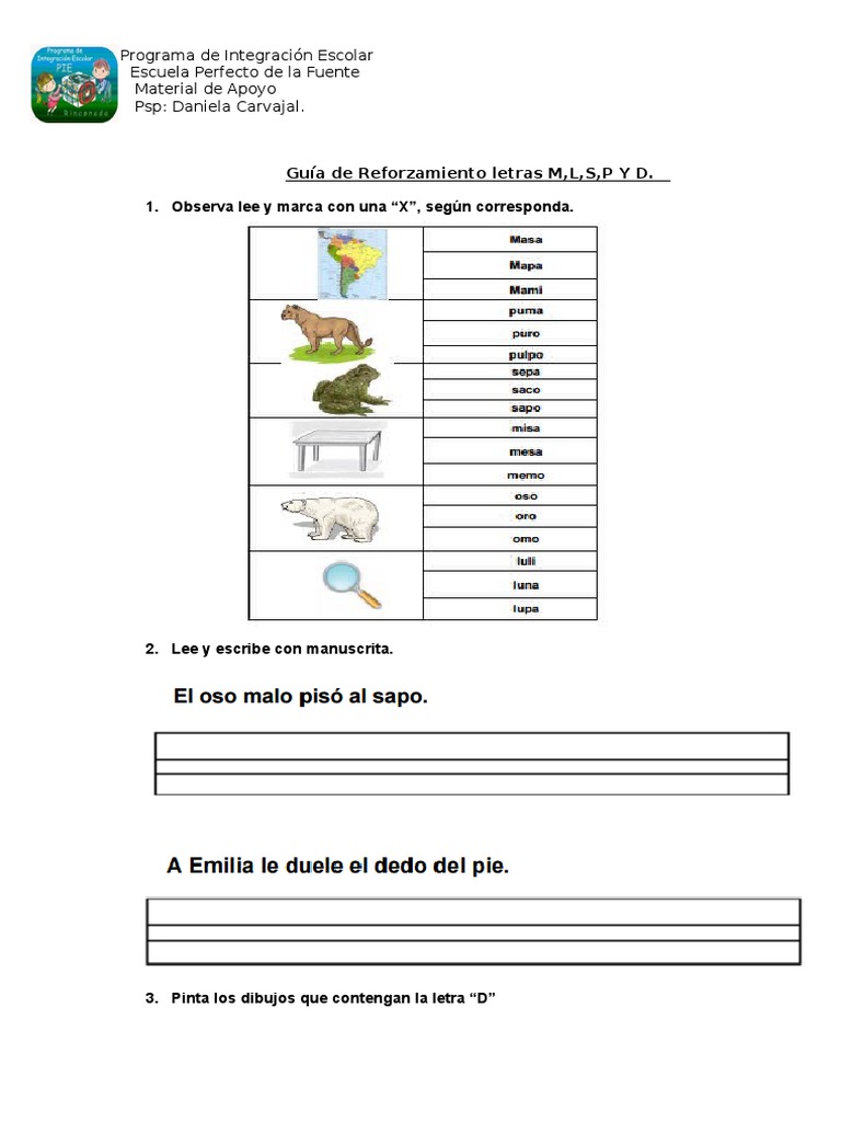 Guía de Reforzamiento Letras M, S, P, L Y D | PDF