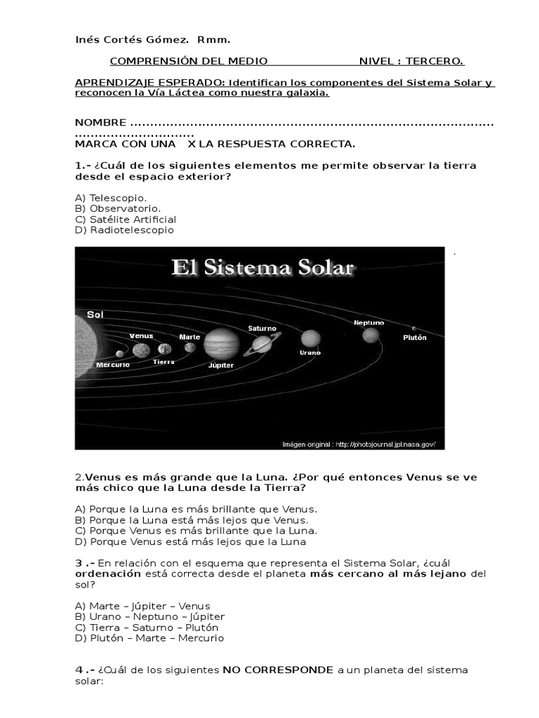 Prueba Del Sistema Solar | PDF | Planetas | Sistema solar