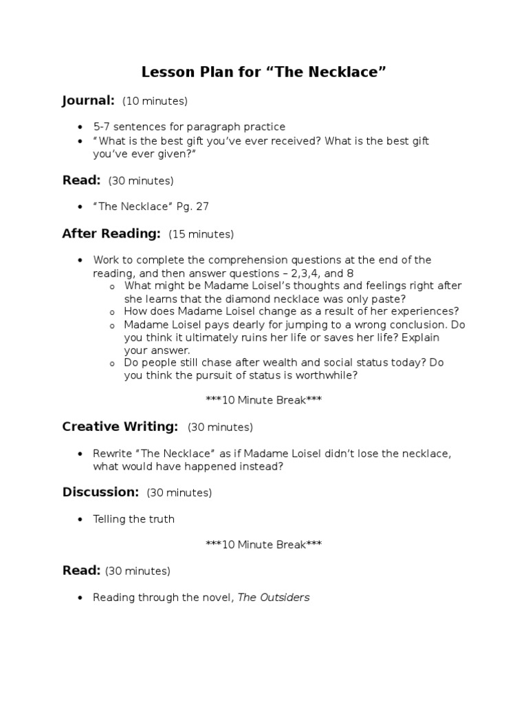 Lesson Plan: "The Necklace" Analysis | PDF