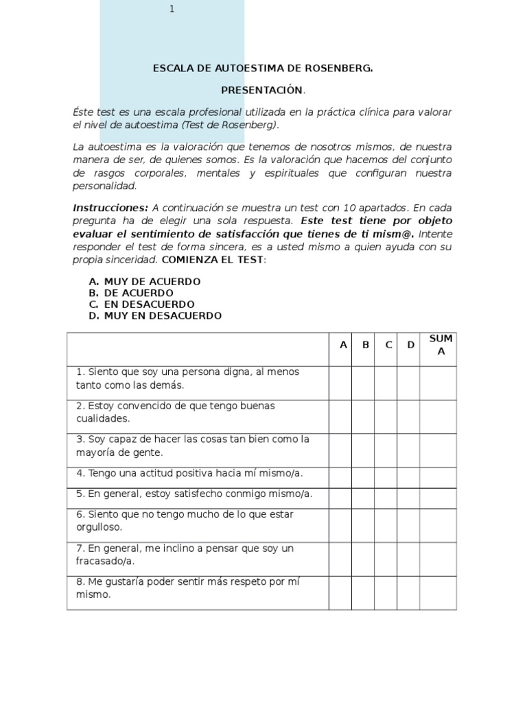 Escala de Autoestima de Rosenberg: Test y Guía | PDF | Estilo de vida