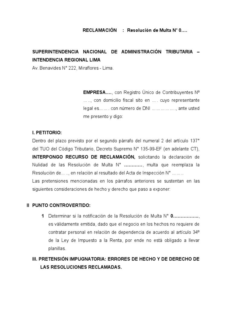 Modelo 3 Recurso de Reclamacion Sunat | PDF