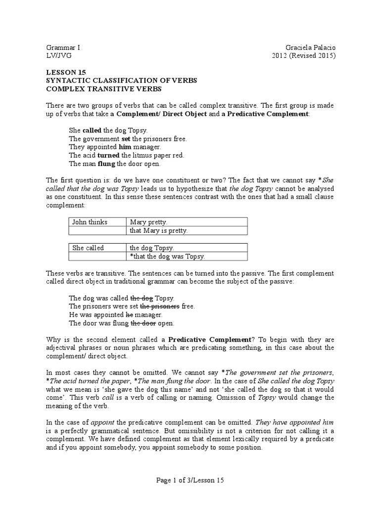 Lesson 15 Syntactic Classification of Verbs Complex Transitive Verbs ...