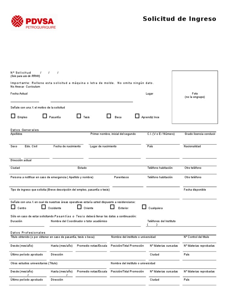 Planilla de Solicitud de Ingreso (Empleo) | PDF | Business