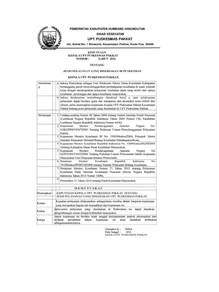SK Kepala Puskesmas Tentang Jenis Pelayanan Yang Disediakan | PDF