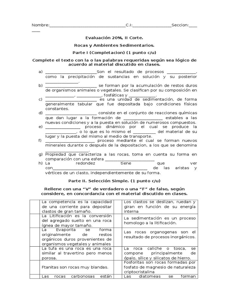 Examen 20% Rocas Sedimentarias | PDF | Roca clástica | Roca (geología)