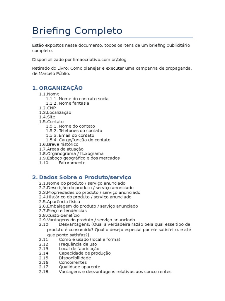 Briefing Completo | Download grátis PDF | Mercado (economia) | Marca