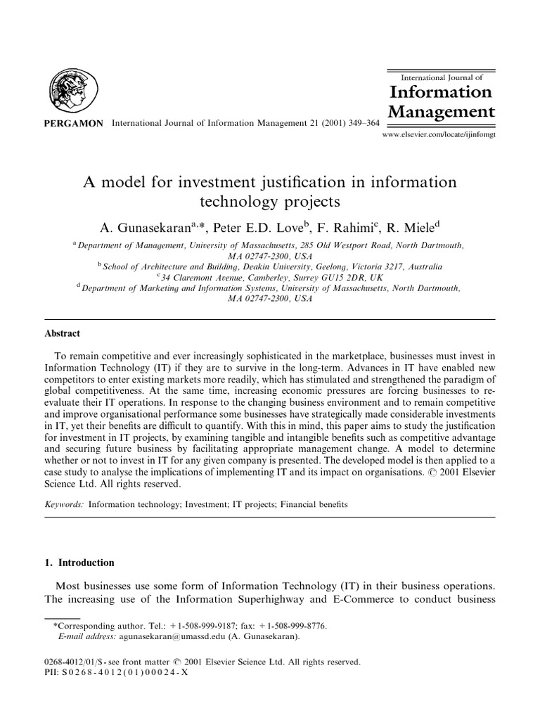 A Model For Investment Justification in Information Technology Projects ...