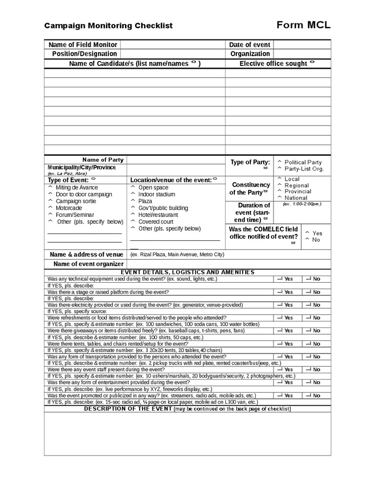 Form MCL: Campaign Monitoring Checklist | PDF | Affidavit | Government