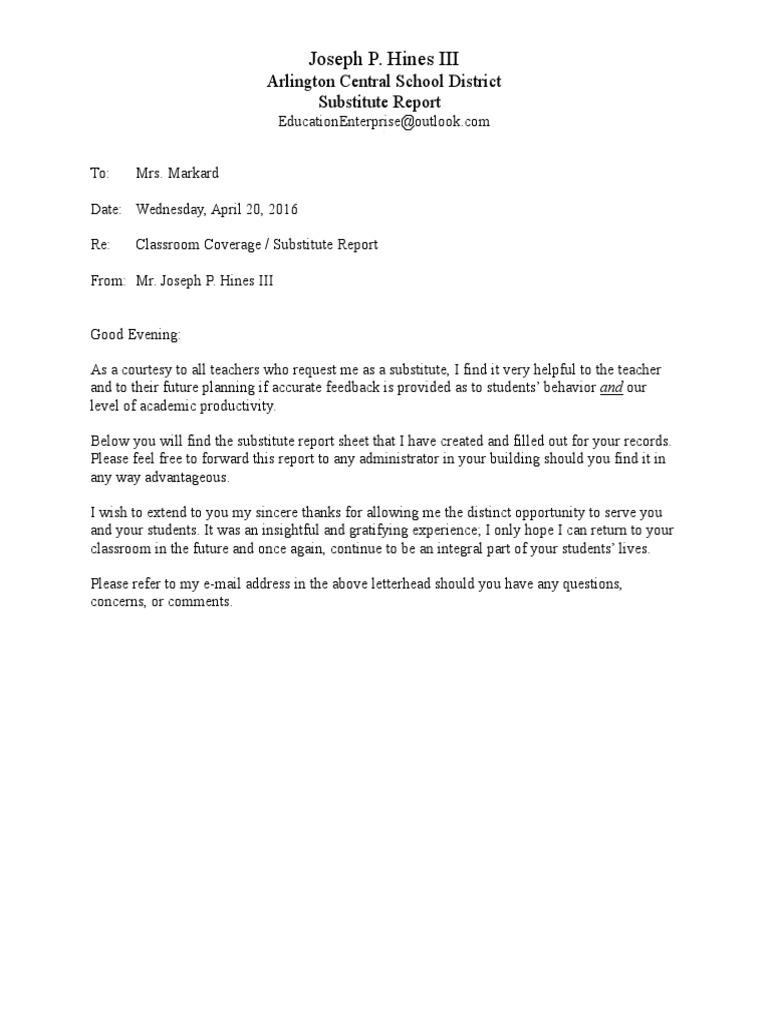 Sub Report Sample | PDF | Teaching | Teachers