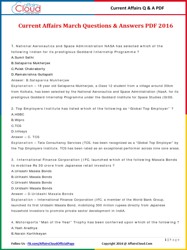 Current Affairs March Question & Answer 2016 PDF by AffairsCloud PDF ...
