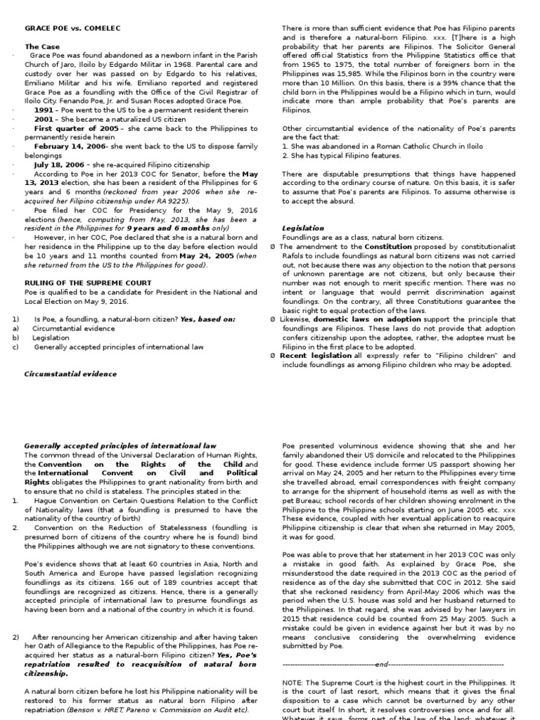 Grace Poe vs. Comelec The Case: Acquired Her Filipino Citizenship Under RA 9225) | PDF ...