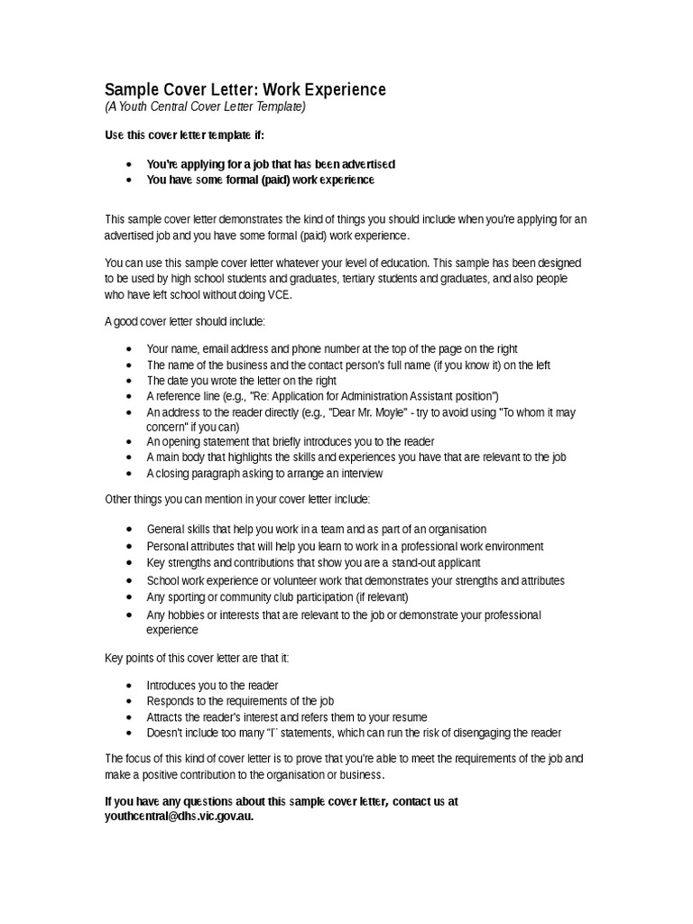 Work Experience Cover Letter Template | PDF | Motivation | Motivational