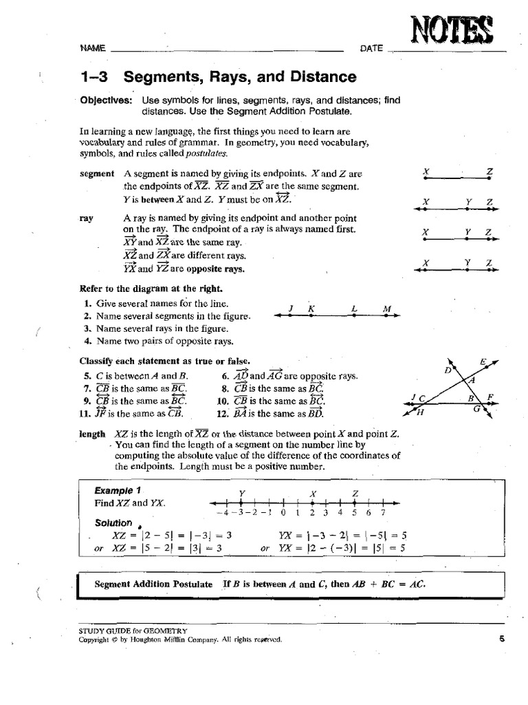 Geometry 1-3 Segments Rays and Distance | PDF