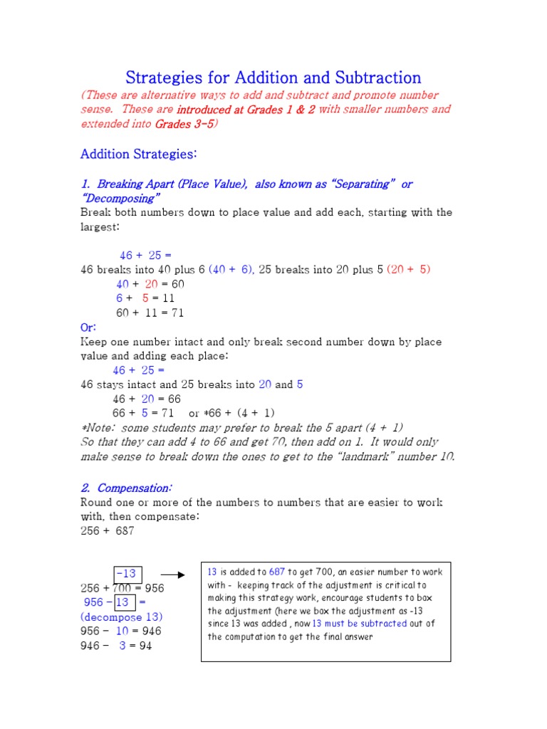 Addition and Subtraction Strategies | PDF | Subtraction | Mathematical ...