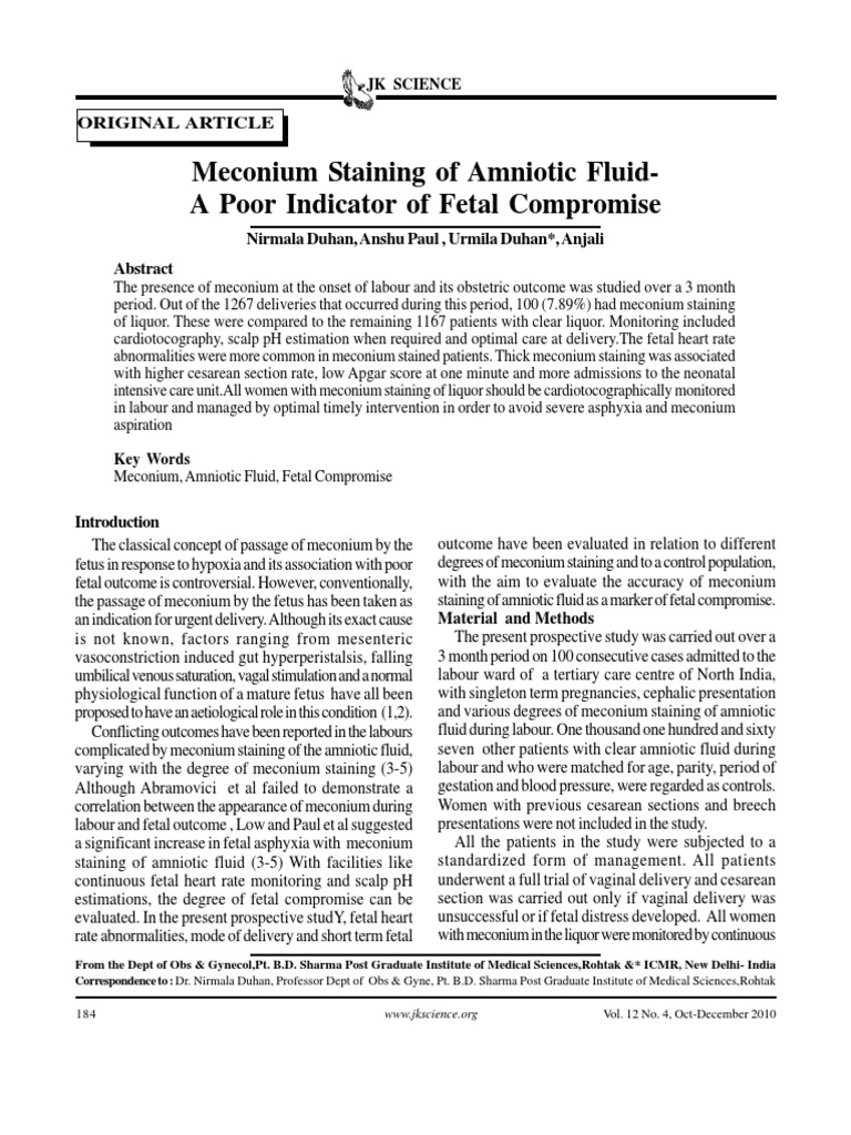 Meconium Staining and Fetal Outcomes | PDF | Childbirth | Caesarean Section