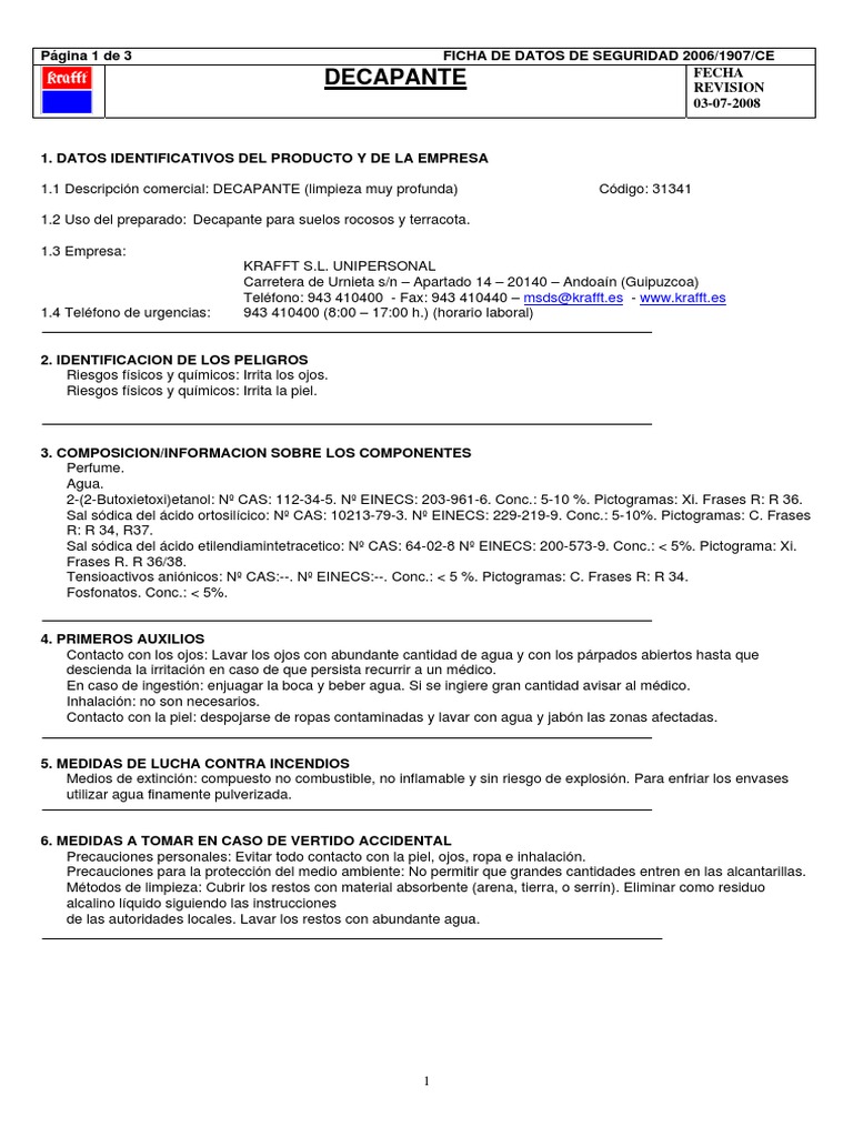 Ácido Decapante - Hoja de Seguridad | PDF | Seguridad y salud ...