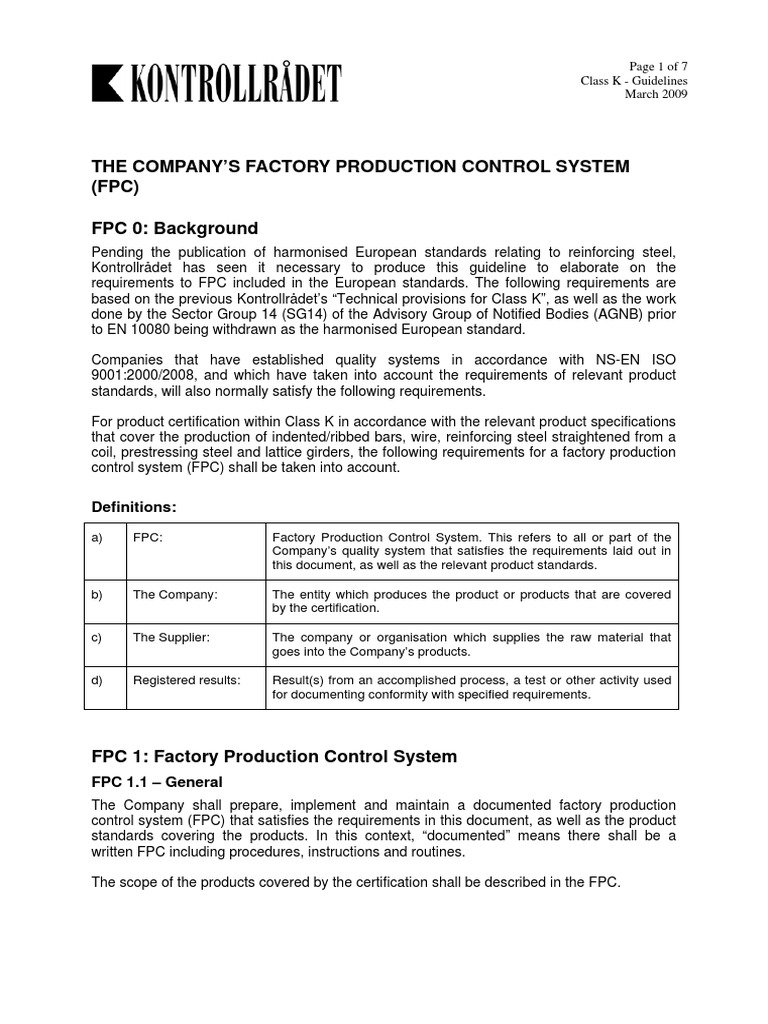 The Company'S Factory Production Control System (FPC) FPC 0: Background ...