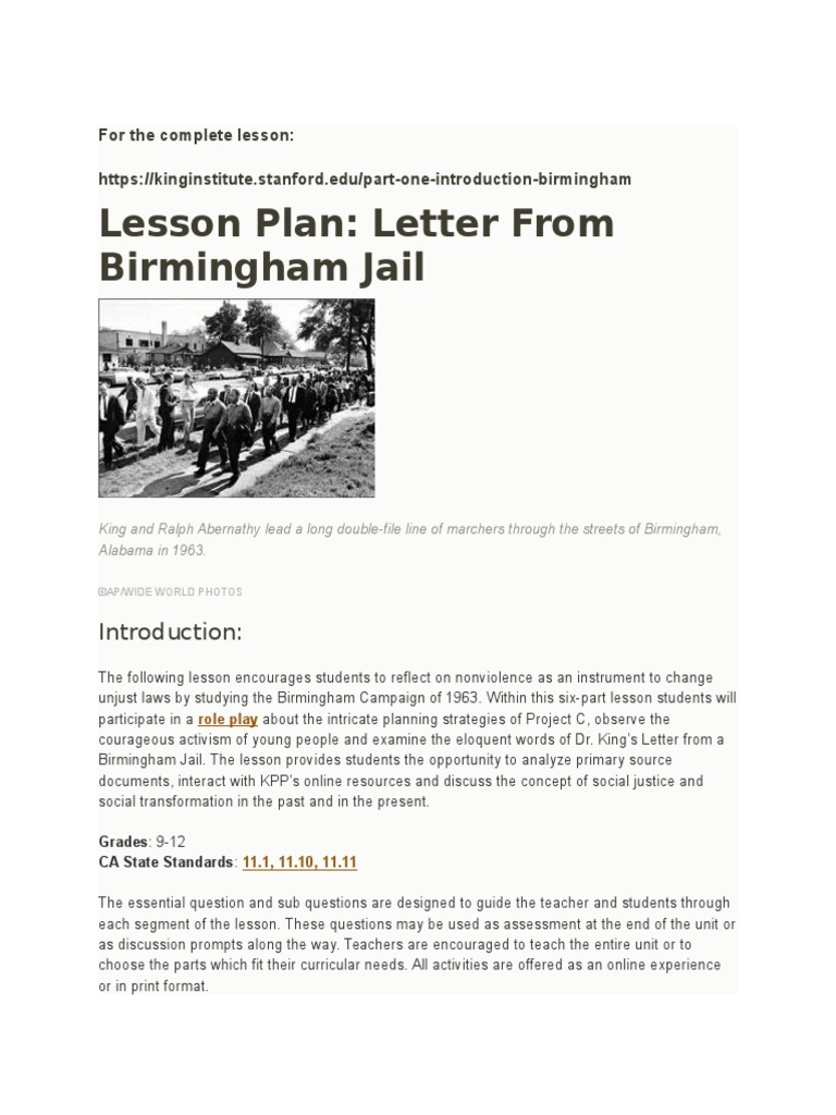 Lesson Plan On Birmingham Jail | PDF | Civil Disobedience | Martin ...
