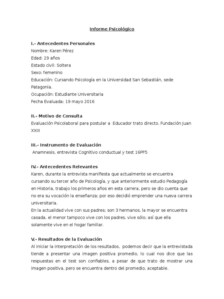 Informe Psicológico 16pf5 | PDF | Sicología | Ciencias del comportamiento