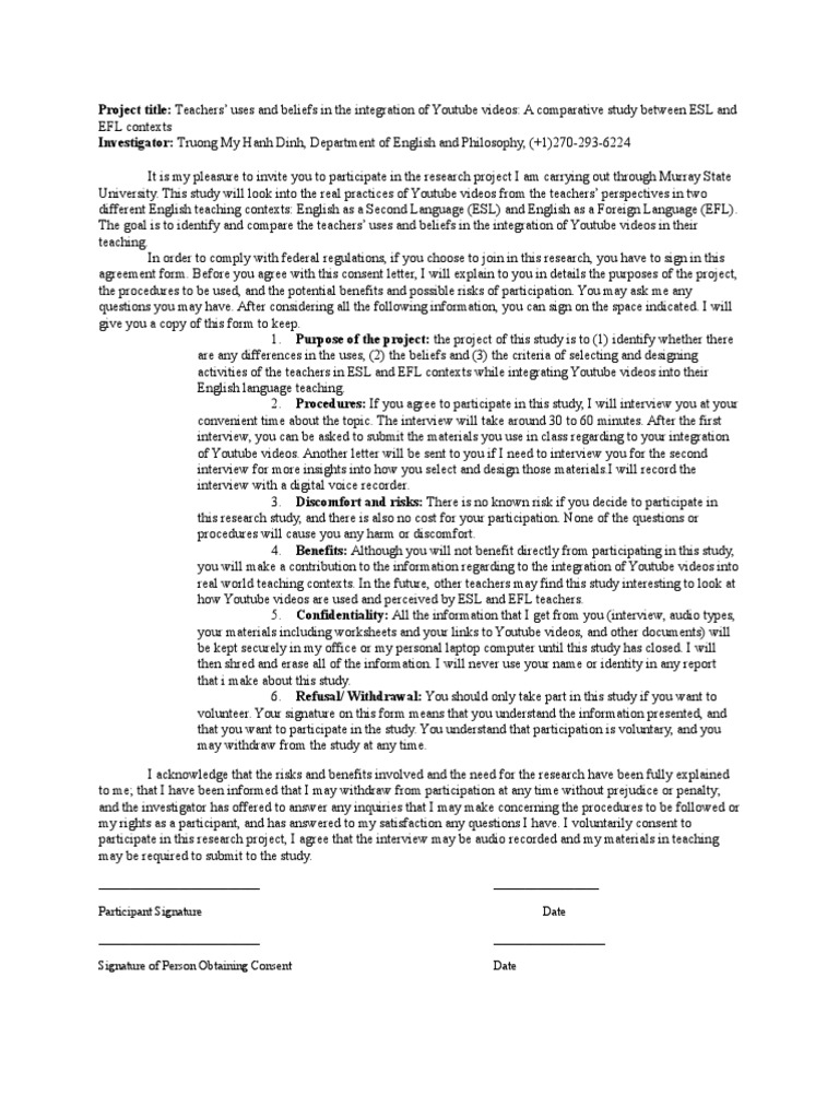 Consent Form | PDF | English As A Second Or Foreign Language | Cognition