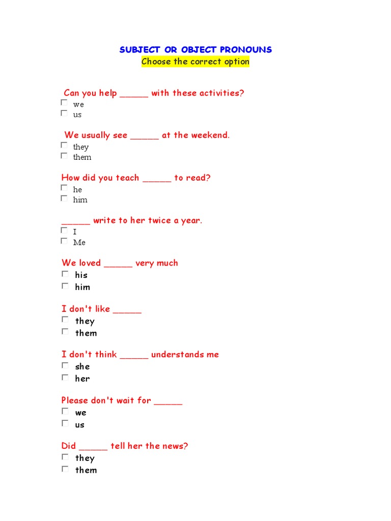 Object Pronouns Exercises for 7th Grade | PDF