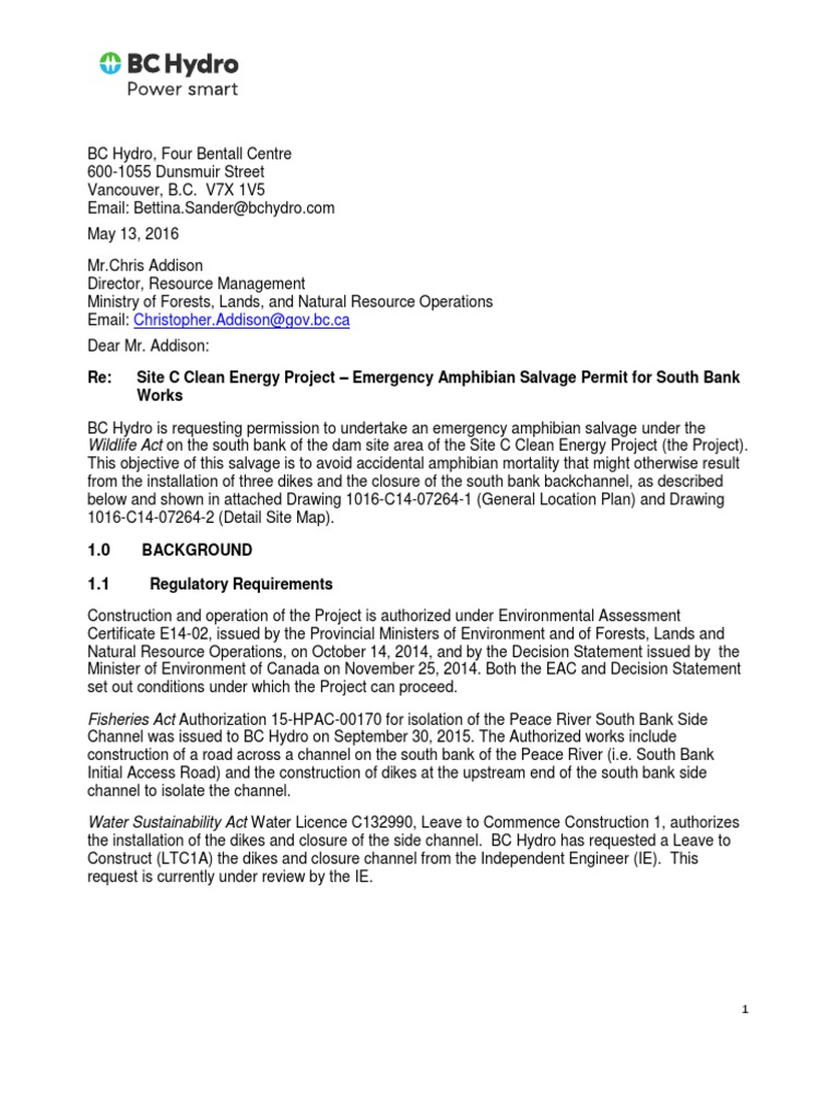 BC Hydro Letter To FLNRO Chris Addison Re: Amphibian Salvage Permit ...