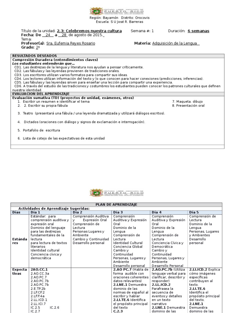 Adquisicion de La Lengua Guia Semanal Unidad 2.1 (1-6) Julio 2015 | PDF ...