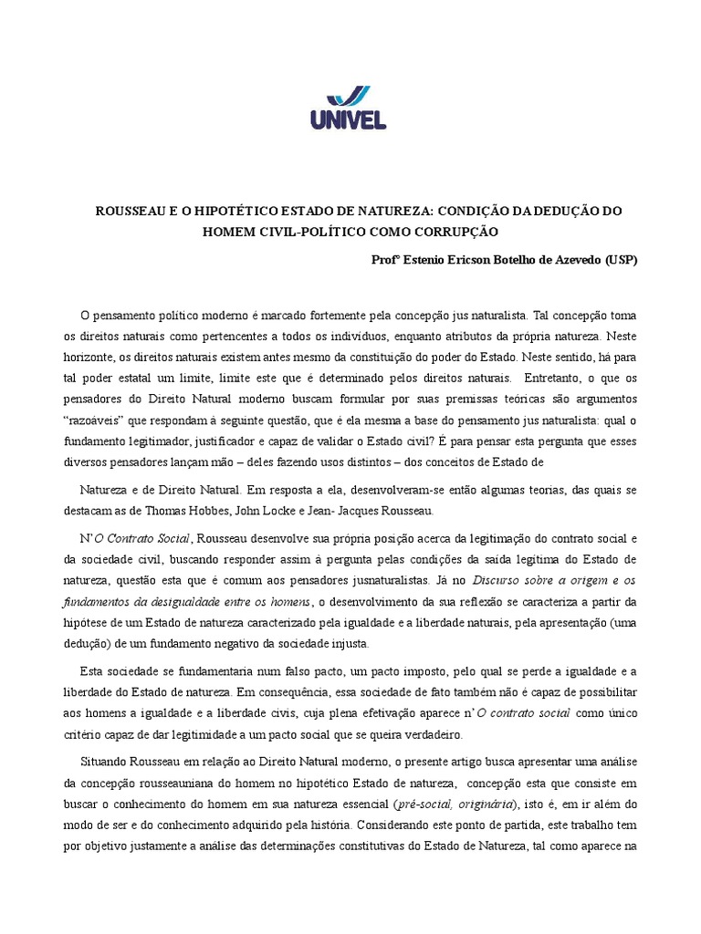 Rousseau Estado de Natureza Atividade II | PDF | Jean-Jacques Rousseau ...