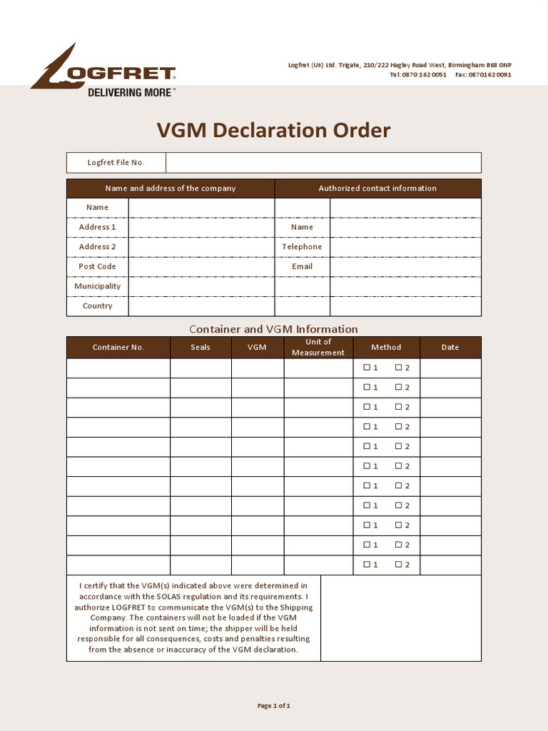 VGM Declaration Editable Form