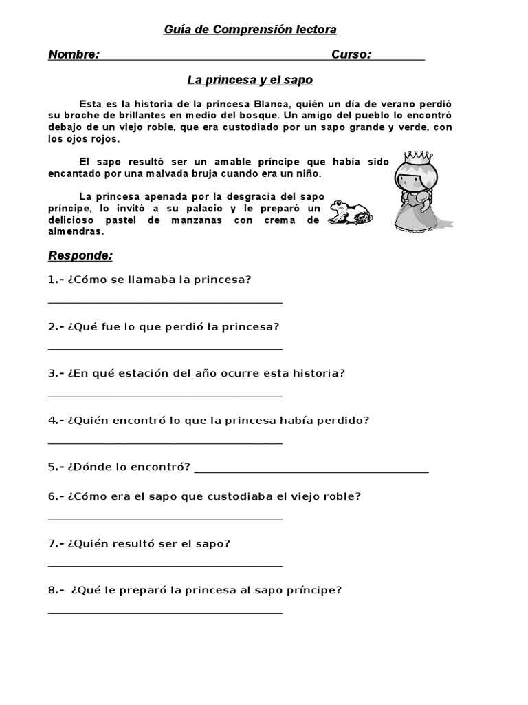 Comprensión Lectora - La Princesa y El Sapo 2 | PDF