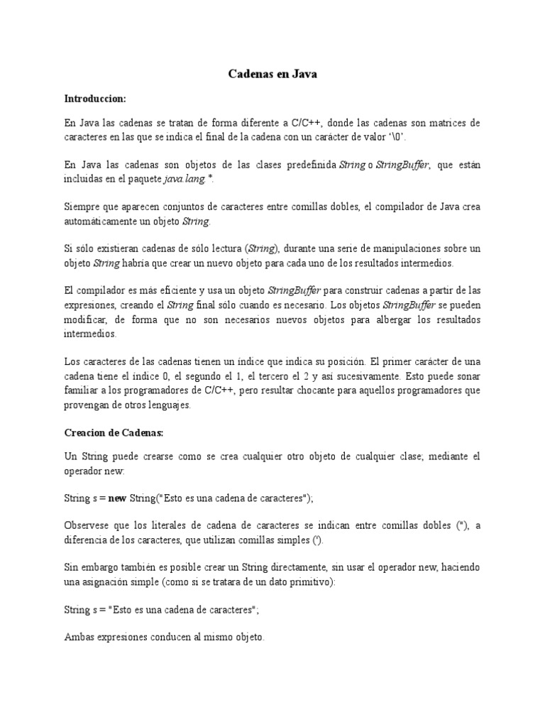 Cadenas en Java | PDF | Cadena (informática) | Java (lenguaje de programación)