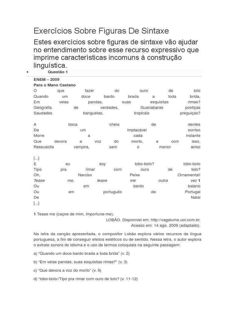 Exercícios Sobre Figuras de Sintaxe | PDF | Semântica | Linguística