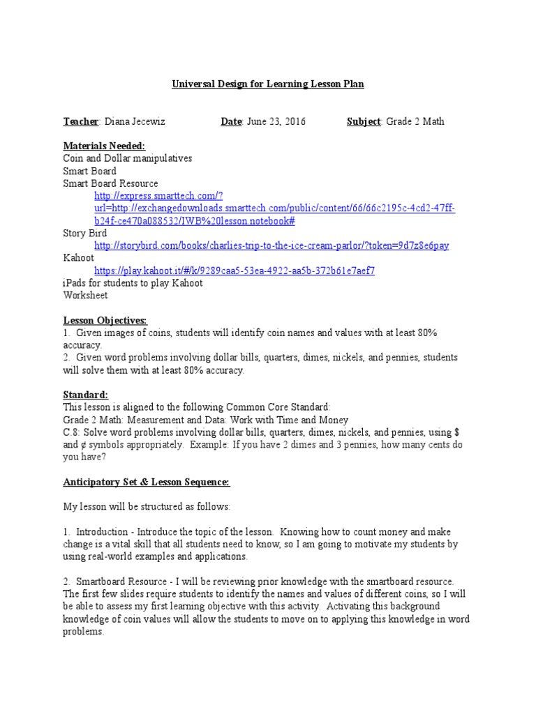 UDL Math Lesson: Coin Value Activities | PDF | Lesson Plan | Coins