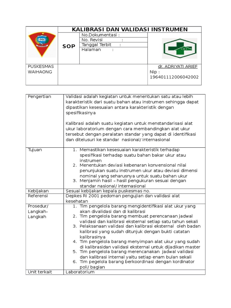 Sop Kalibrasi Dan Validasi Instrumen. | PDF