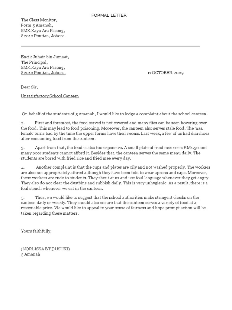 Canteen Food Complaint Letter | PDF | Food And Drink | Foods