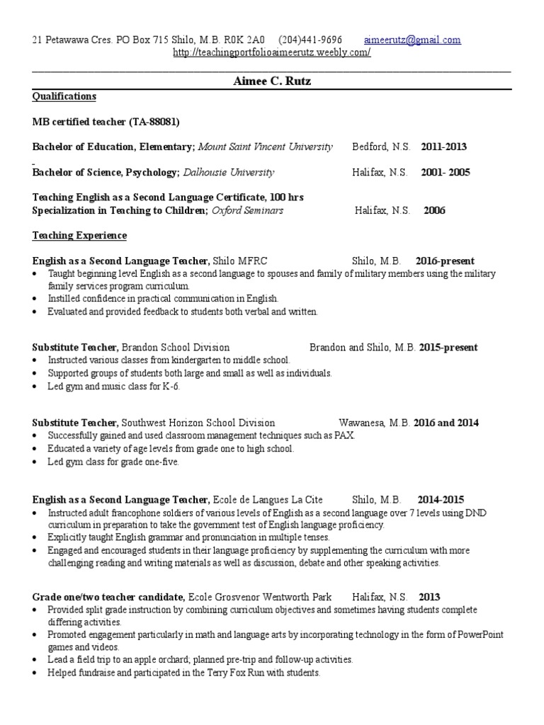 Aimee Rutz: ESL Teaching Profile | PDF | English As A Second Or Foreign ...