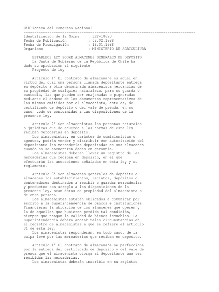 Almacenes Generales de Deposito Ley 18690 Chile | PDF | Derecho