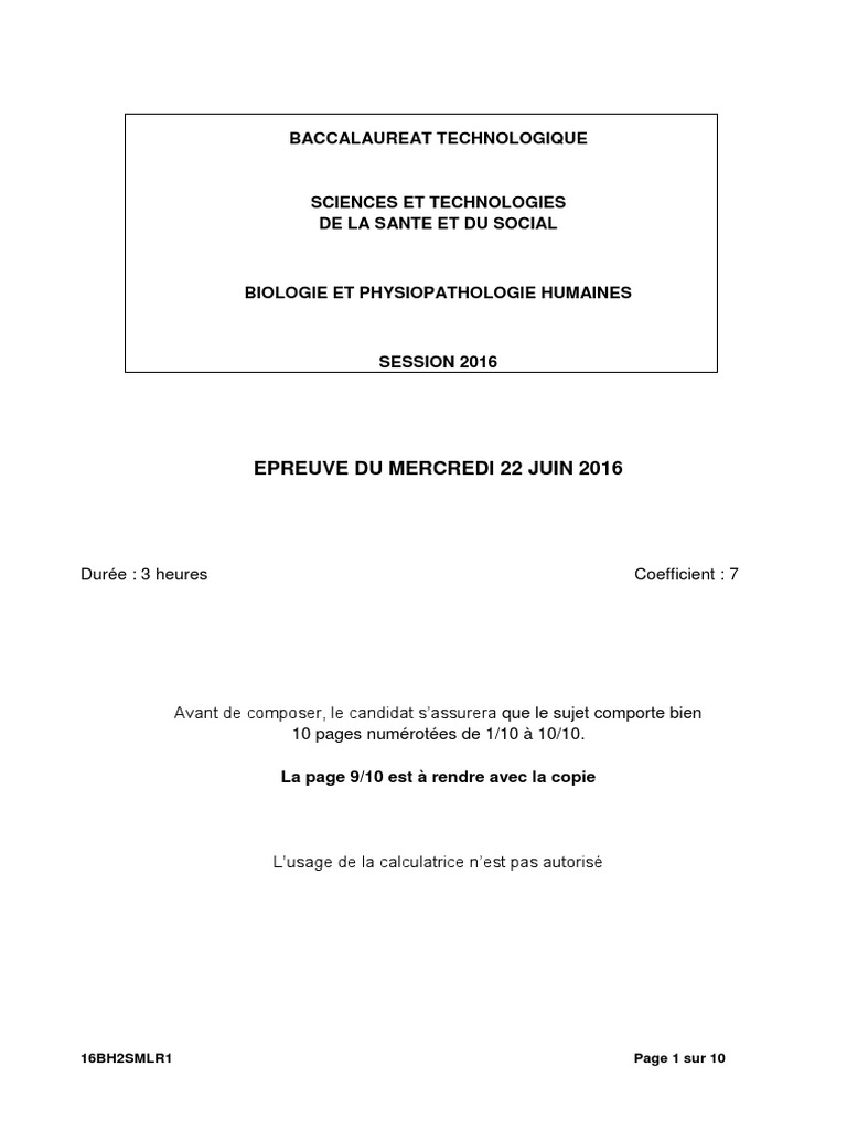 Bac 2016 ST2S BPH | PDF | Sang | Lymphe