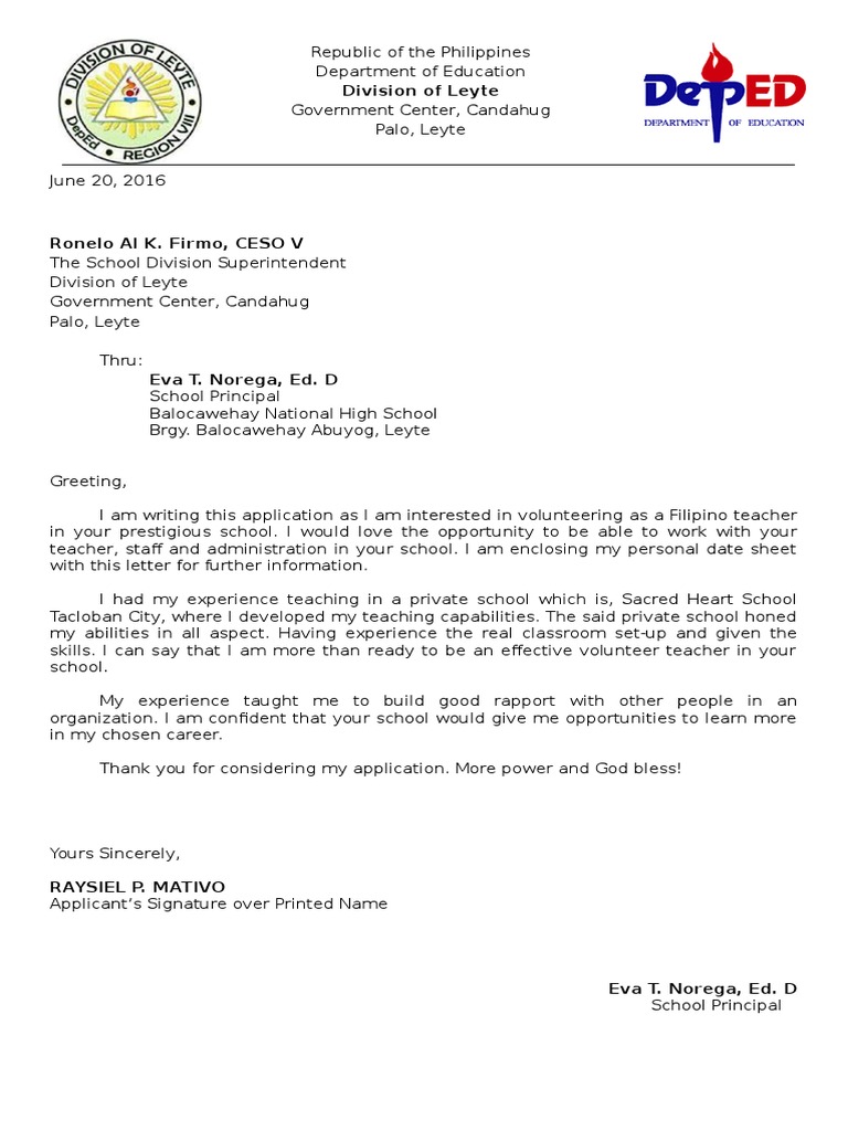 School Volunteer Letter